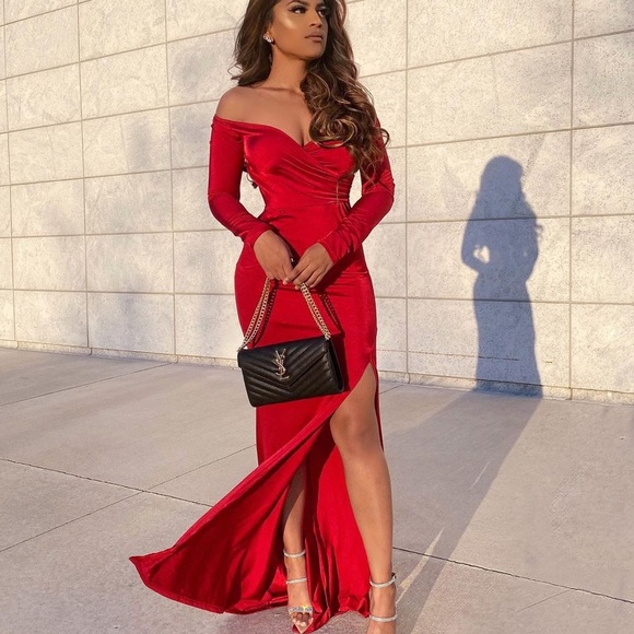 None | Dresses | Ruby Red Fitted Off Shoulder Ball Gown | Poshmark